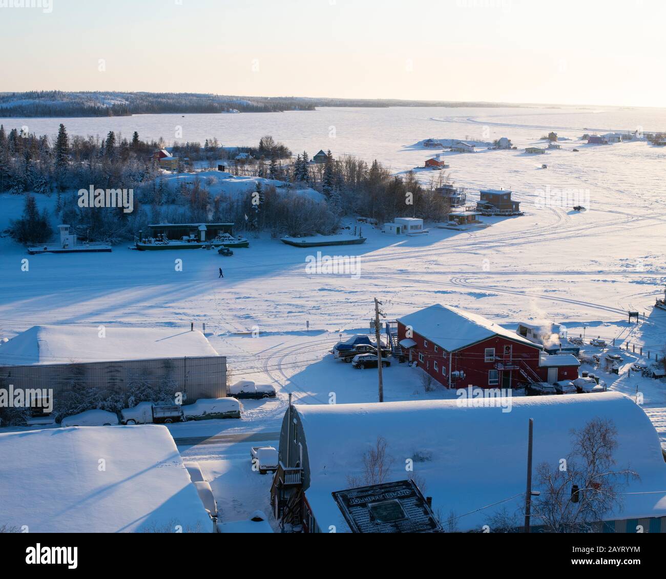 Looking out over the frozen lake - the Yellowknife Inlet of Great Slave ...
