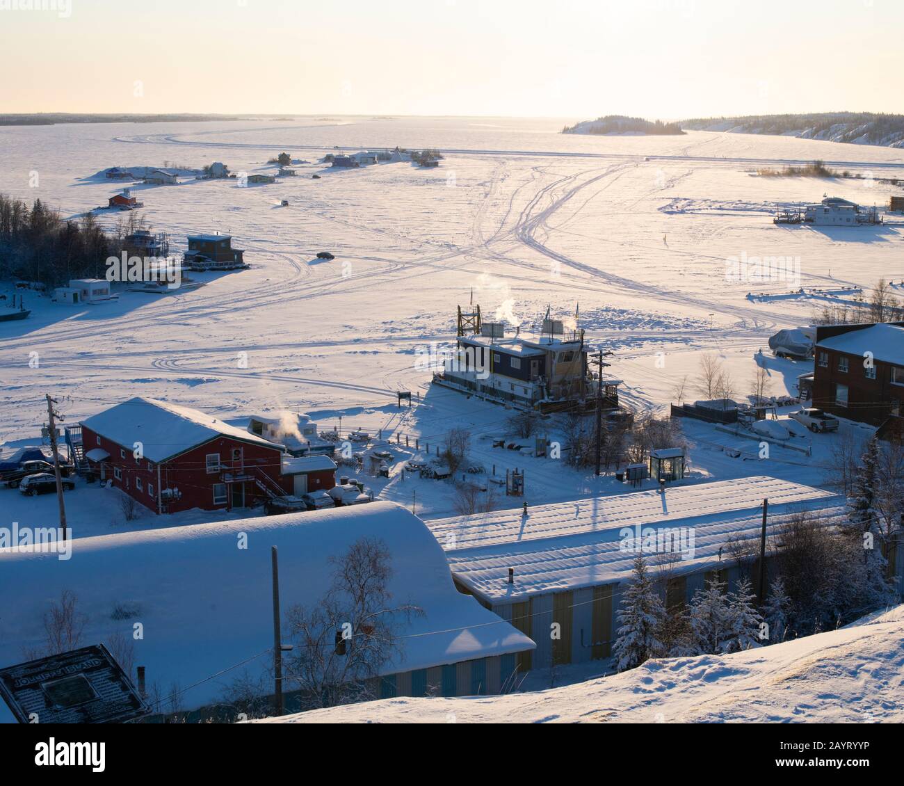 Looking out over the frozen lake - the Yellowknife Inlet of Great Slave ...