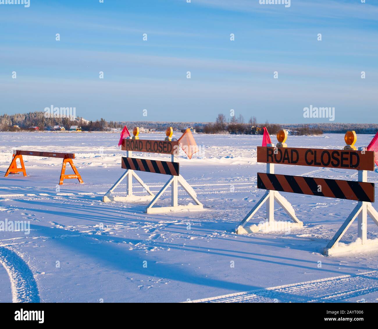 The Yellowknife end of the Dettah ice road in Yellowknife, Northwest ...