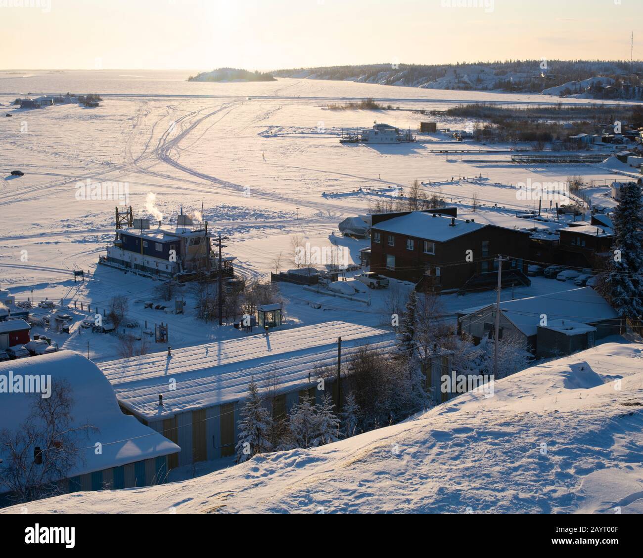Looking out over the frozen lake - the Yellowknife Inlet of Great Slave ...