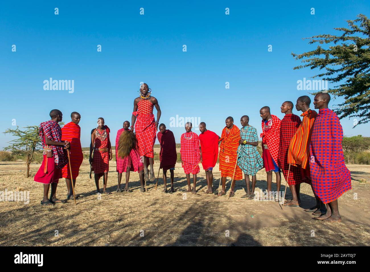 Young Maasai Men Performing A Traditional Jumping Dance In The Masai