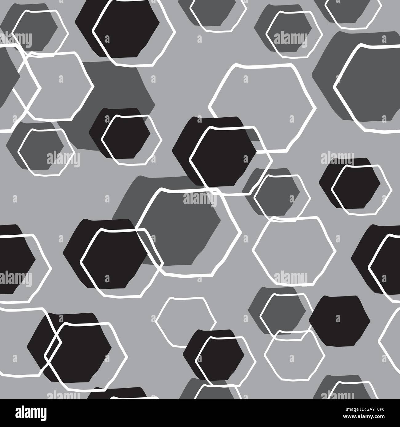 Doodlled hexagons slightly wonky shapes in blacks, whites and grays ...