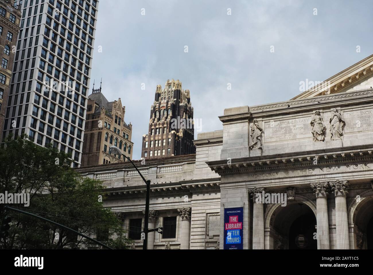 New York Public Library, front parapet view looking-up at the American ...