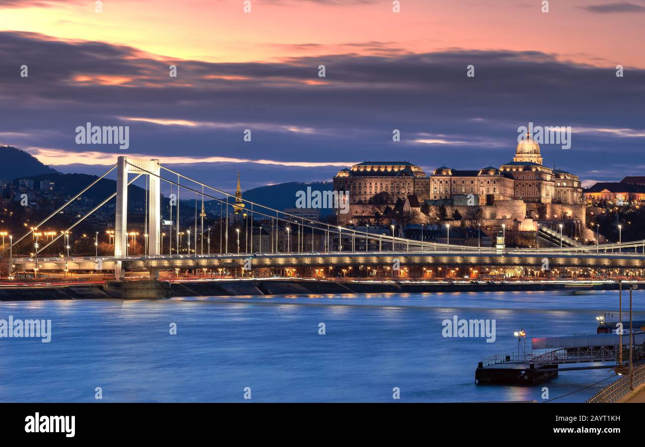 Europe Hungary Budapest Elizabeth Bridge Buda castle Danube river. Dock ...