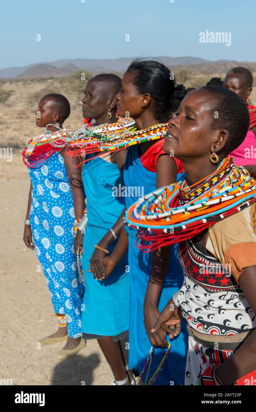 Samburu women performing a welcome dance at a Samburu village near ...