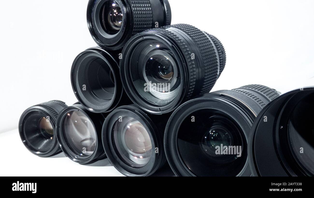 Collection of camera lens isolated on white background Stock Photo - Alamy