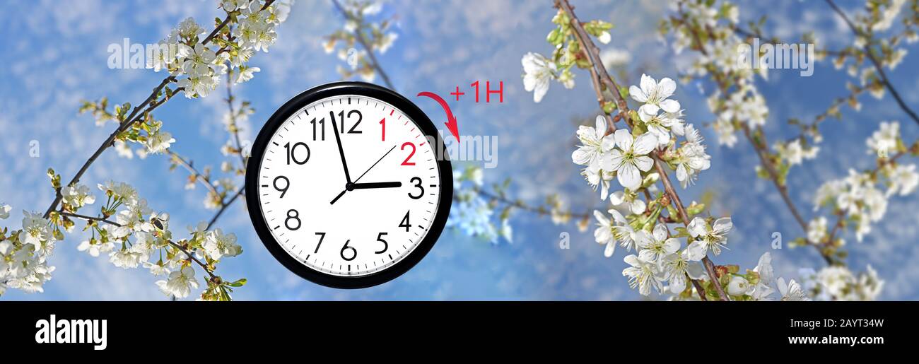 Daylight Saving Time (DST). Blue sky with white clouds and clock. Turn ...