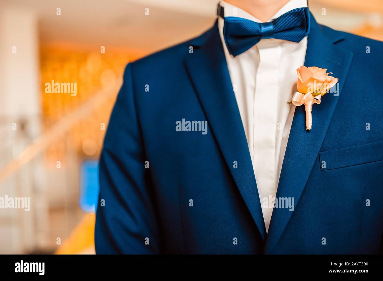 Wedding bouquet a boutonniere on a suit of the groom. Bow tie and ...