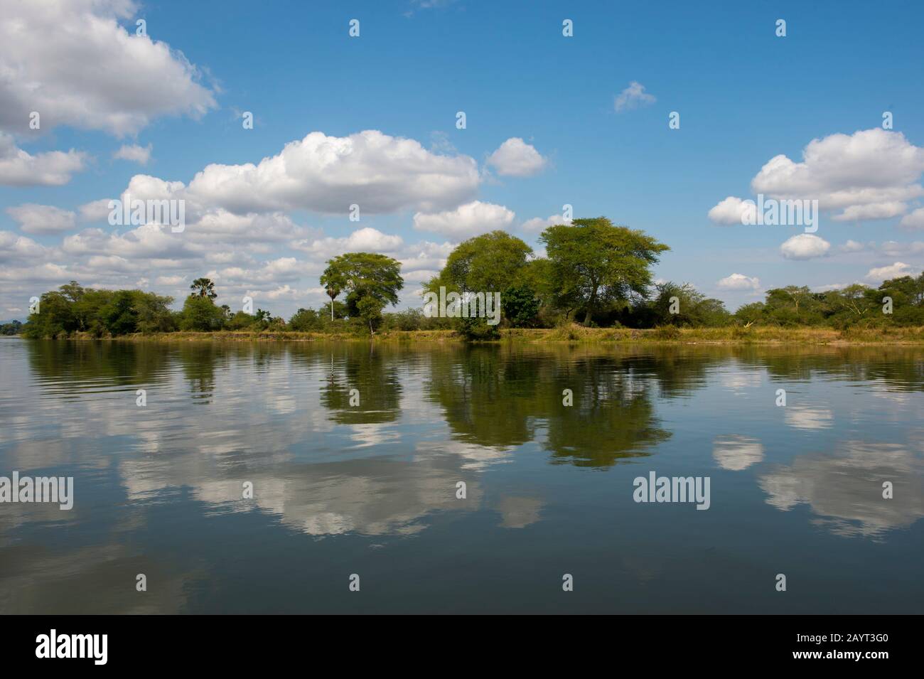 African landscape along the Shire River in Liwonde National Park ...