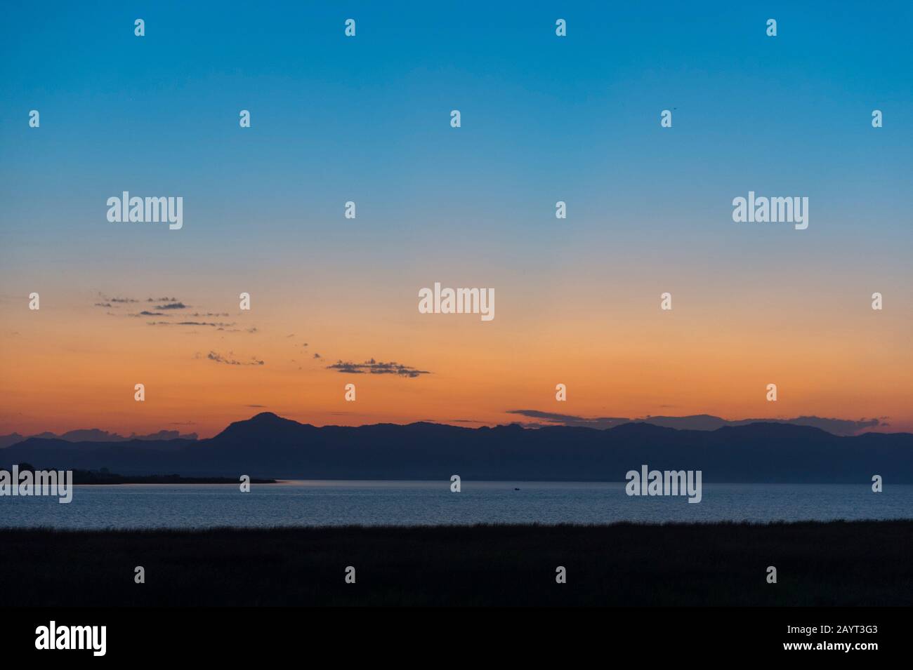Landscape in evening light along the Shire River in Liwonde National ...
