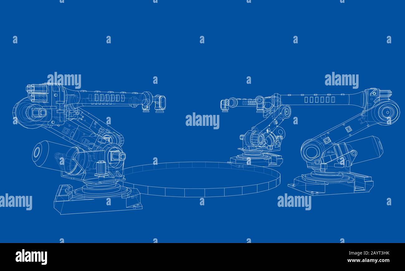 A industral robots manipulators. Blueprint style. Vector rendering from ...