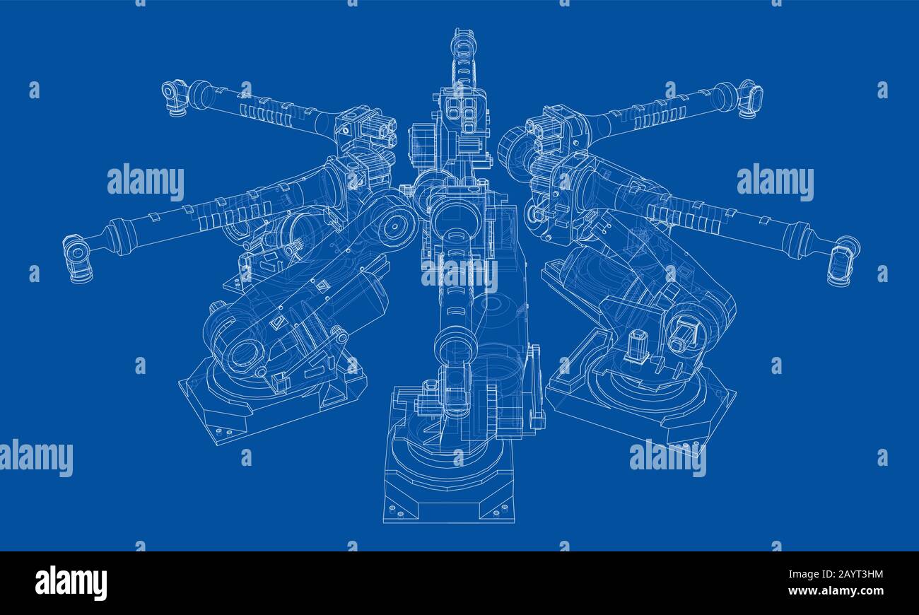 A industral robots manipulators. Blueprint style. Vector rendering from ...