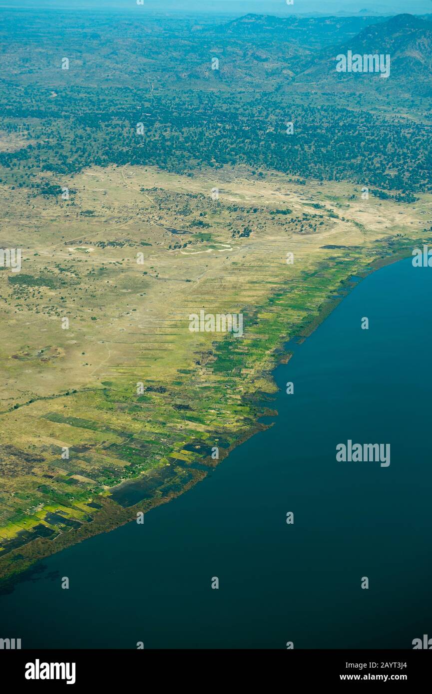 Aerial view of fields and the shoreline of Lake Malawi in Malawi Stock ...