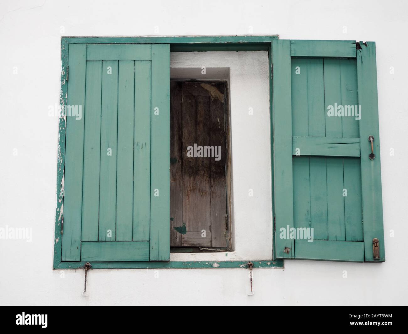Open green wood old window on white wall, Retro house Stock Photo - Alamy
