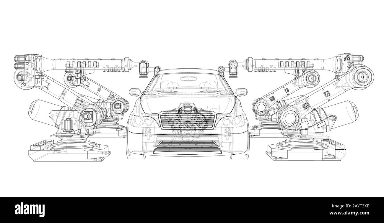Assembly of motor vehicle. Robotic equipment makes Assembly of car ...