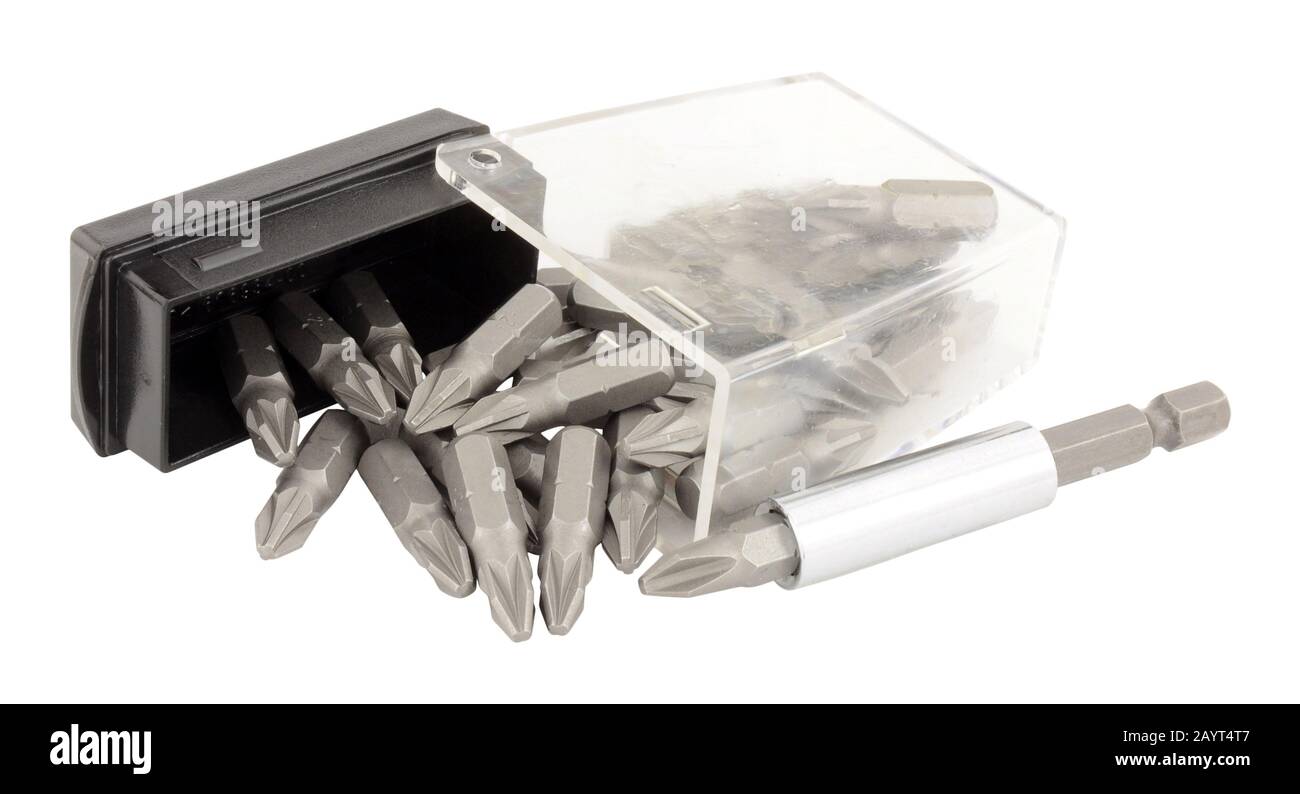 Open plastic box of screwdriver bits isolated on a white background ...