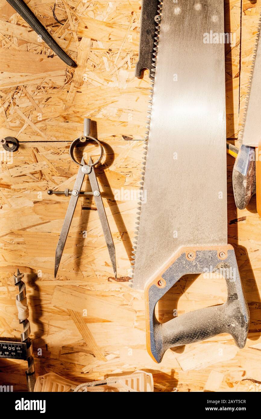 Set of vintage carpentry and joinery tools in workshop: craftsmanship ...