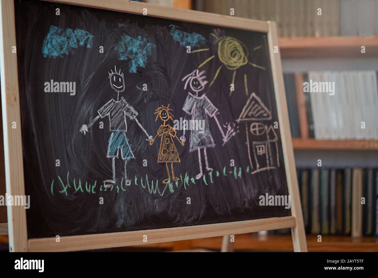 Children multicolored chalk drawing on blackboard Painting on ...