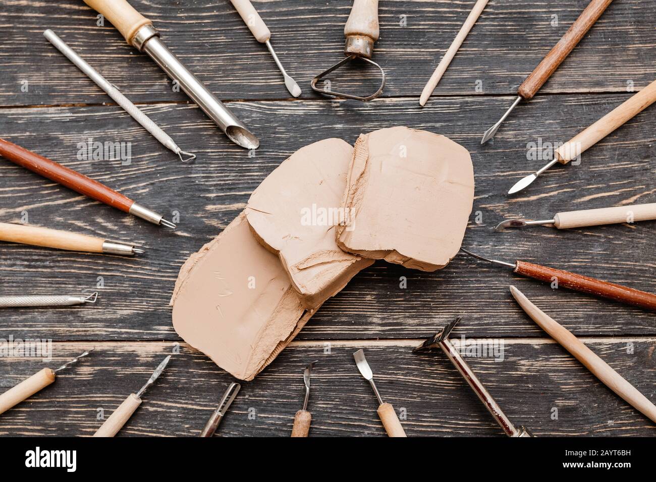 Top flat view of Pottery art tools, manual craft work concept Stock ...