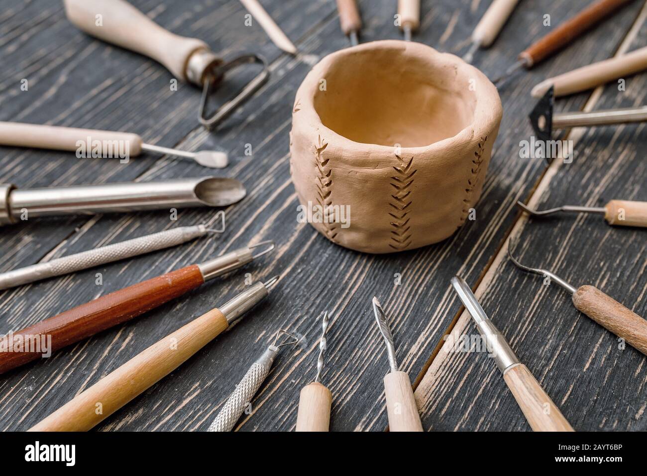 Top flat view of Pottery art tools, manual craft work concept Stock ...