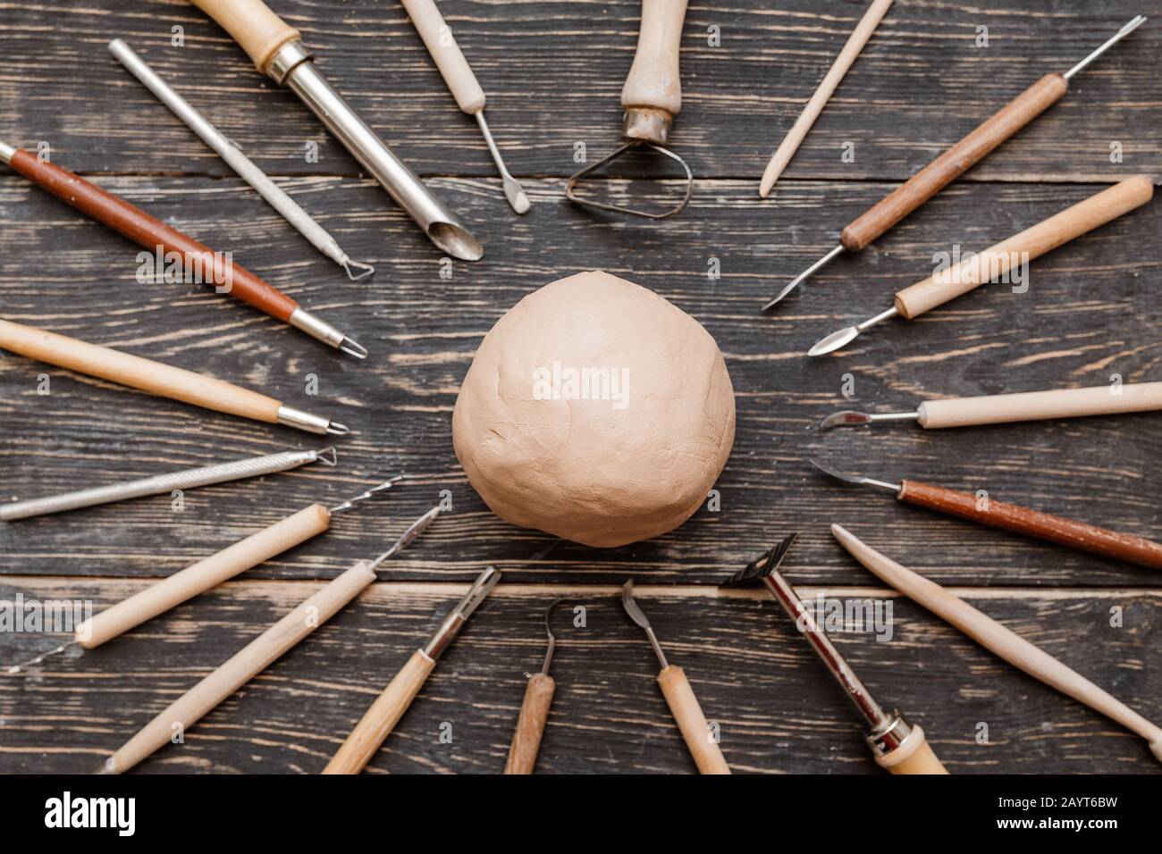 Top flat view of Pottery art tools, manual craft work concept Stock ...