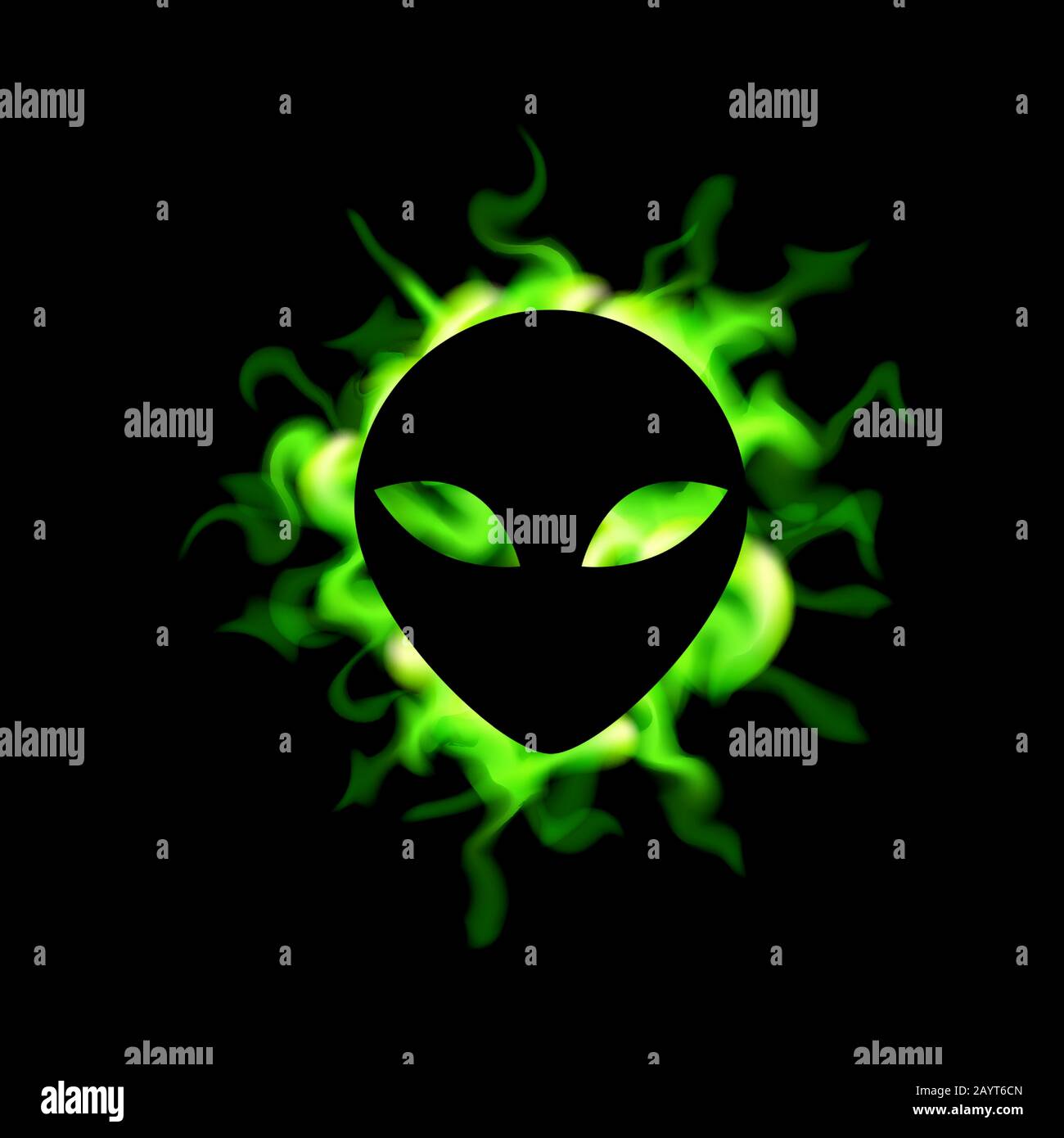 Alien icon in green neon fire. UFO sign vector illustration. Futuristic ...
