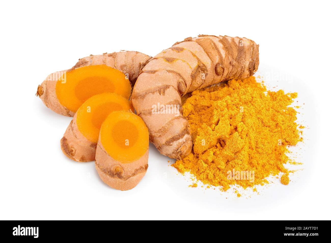 turmeric root and powder isolated on white background close up Stock ...
