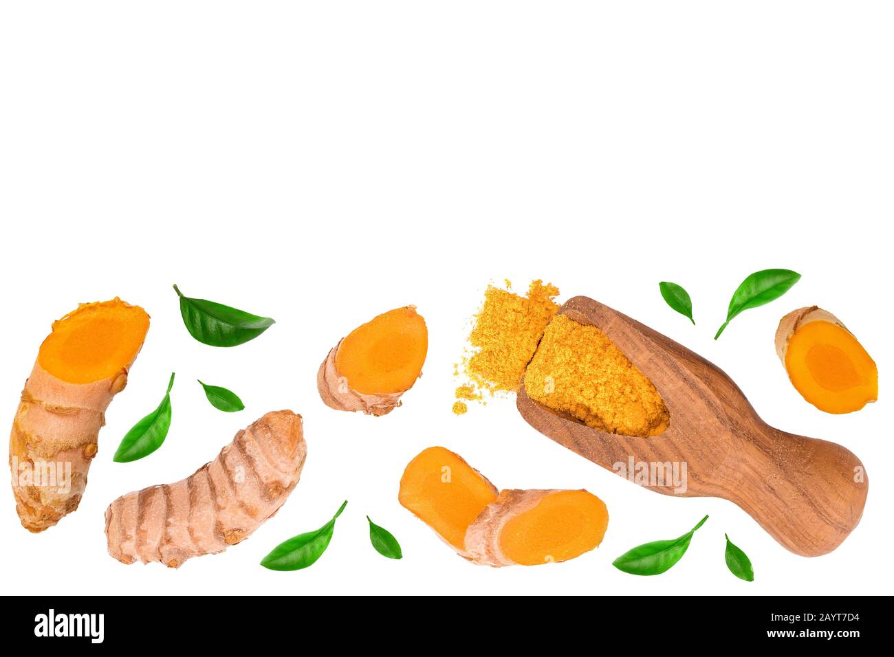 Turmeric powder and turmeric root isolated on white background with ...