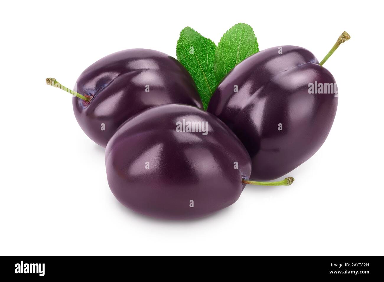 fresh purple plum with leaves isolated on white background with ...