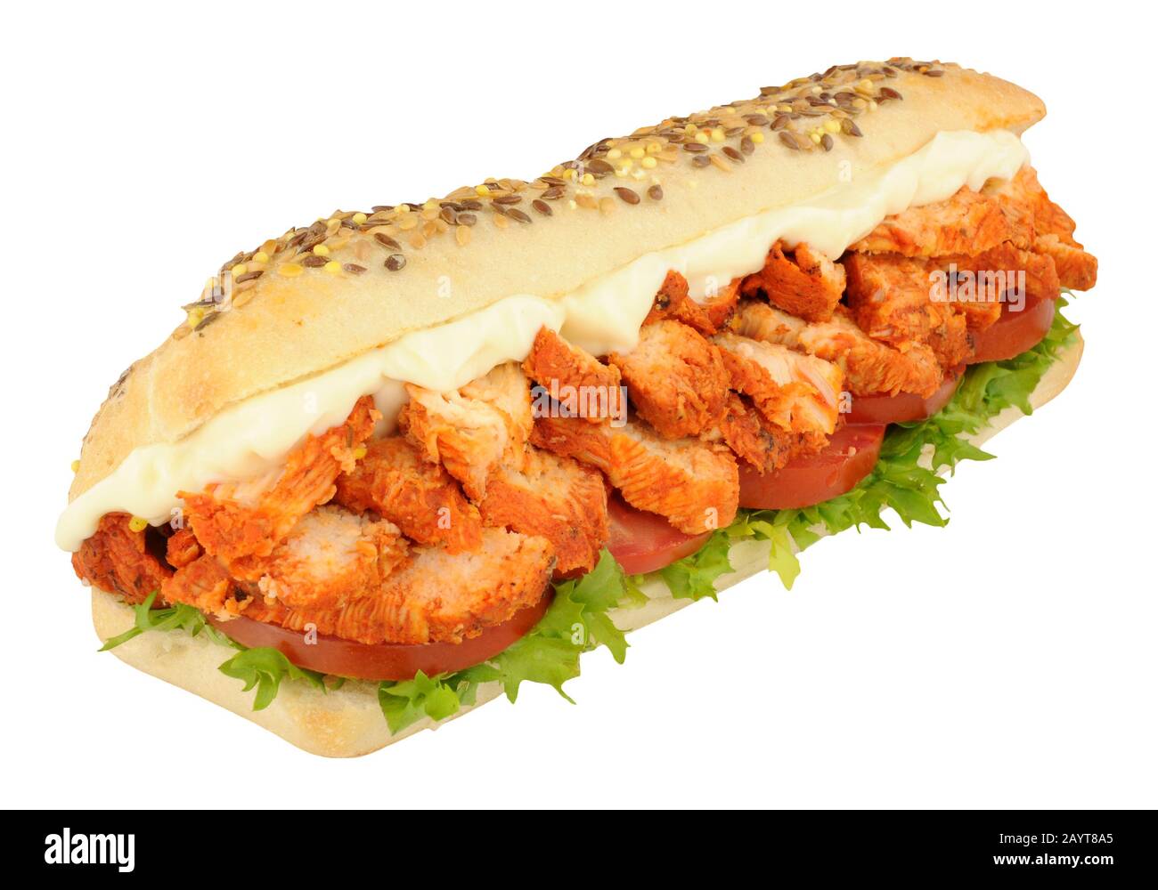 Chicken tandoori and salad sandwich sub roll isolated on a white ...