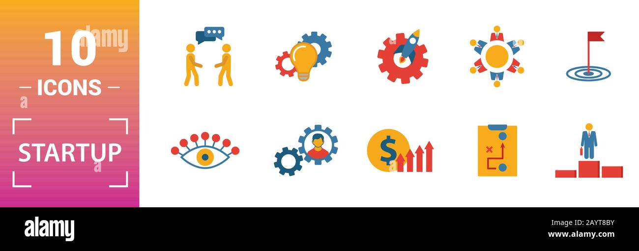 Startup icon set. Include creative elements goal, business plan, prototype, business incubator ...