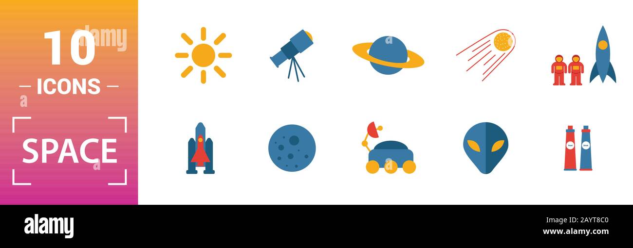 Space icon set. Include creative elements earth planet, stars, spaceship, spacemen, telescope ...