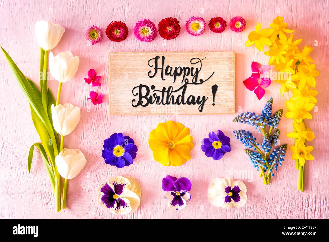 Spring Flat Lay, Flowers, Sign, Calligraphy Happy Birthday Stock Photo ...