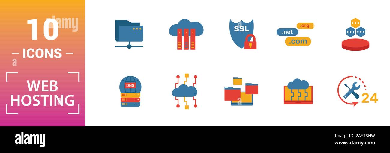 Web Hosting icon set. Include creative elements data structure, cloud technology, ssd, file ...