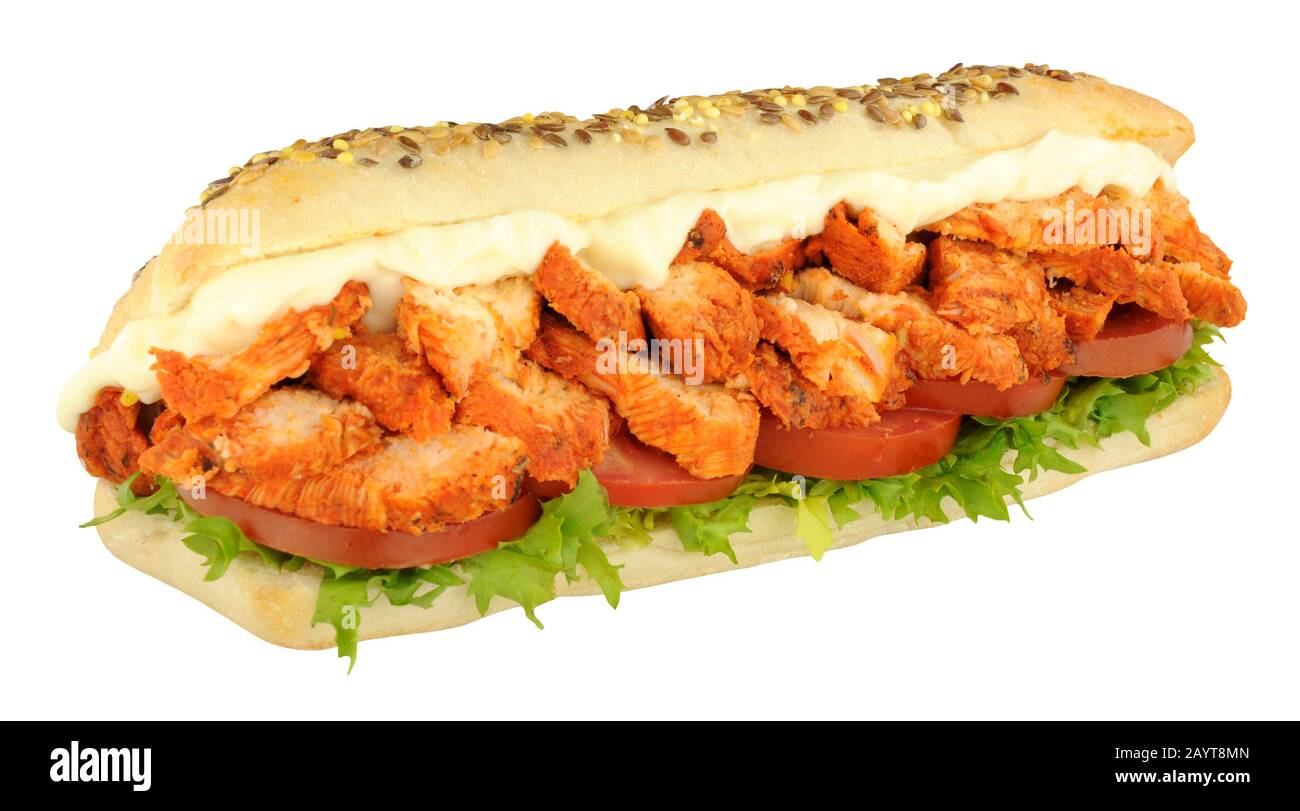 Chicken tandoori and salad sandwich sub roll isolated on a white ...
