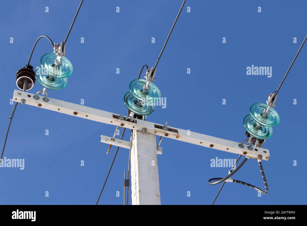 Electric pole with different wires and power equipment Stock Photo - Alamy