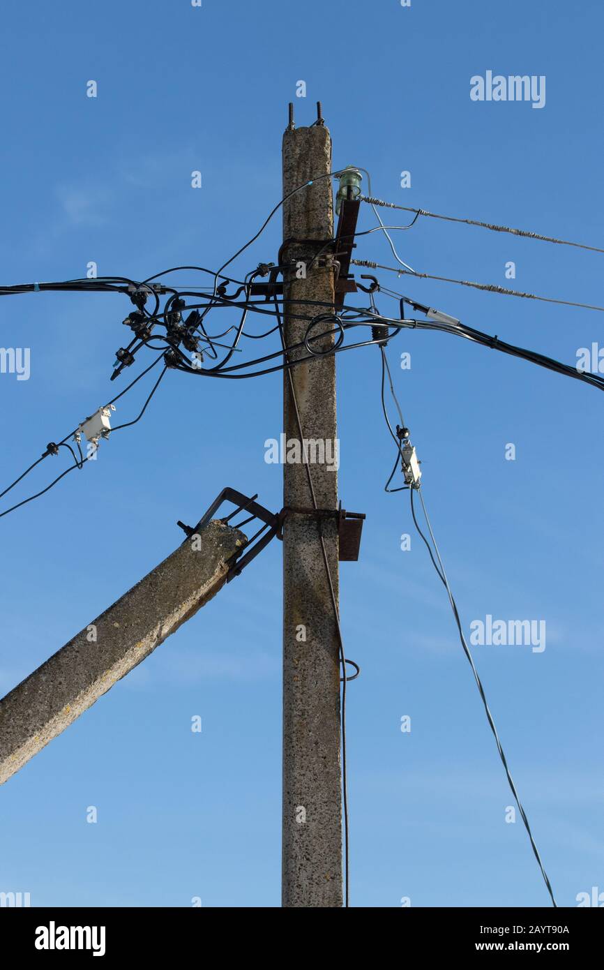 Electric pole with different wires and power equipment Stock Photo - Alamy