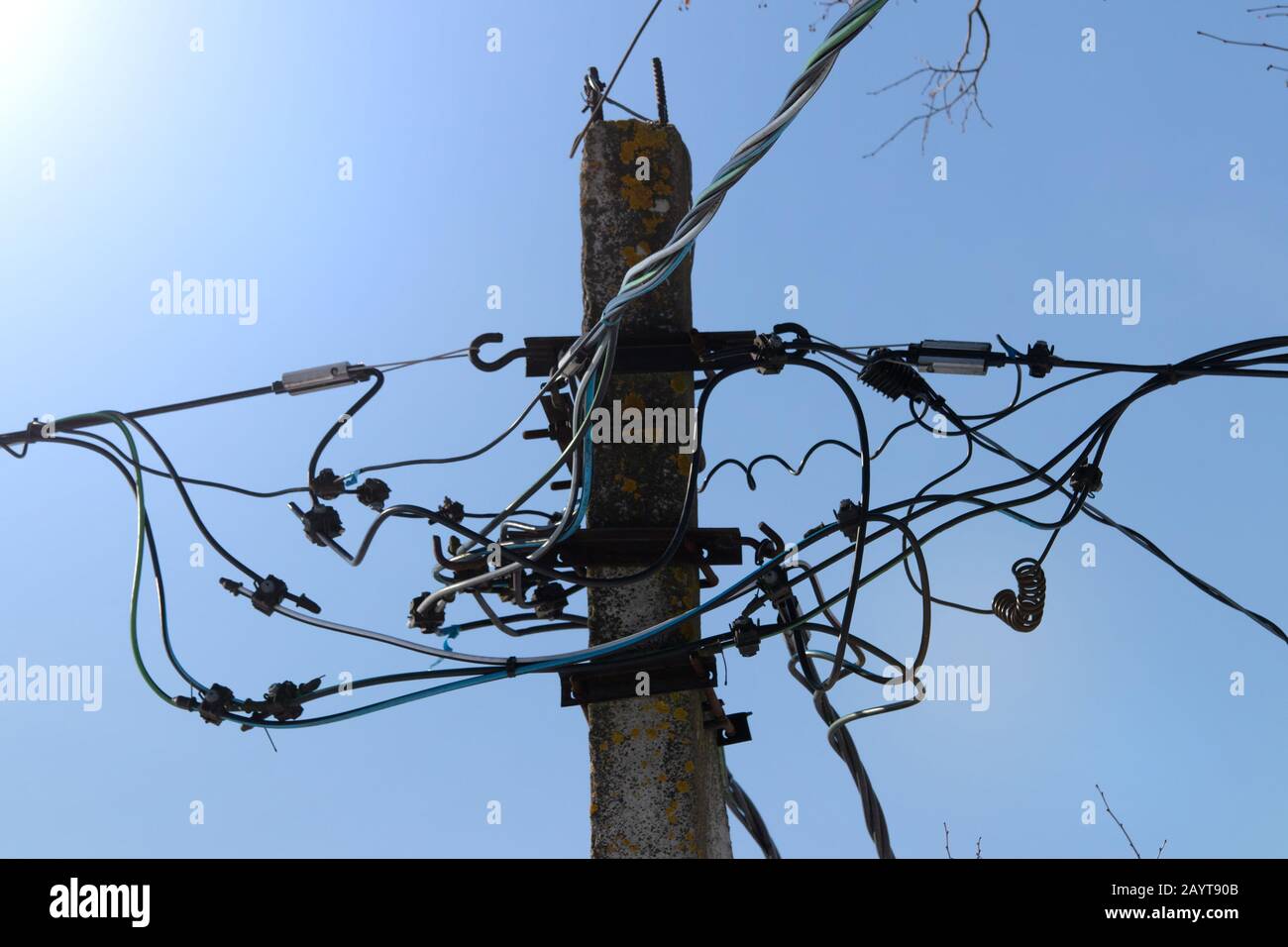 Electric pole with different wires and power equipment Stock Photo - Alamy