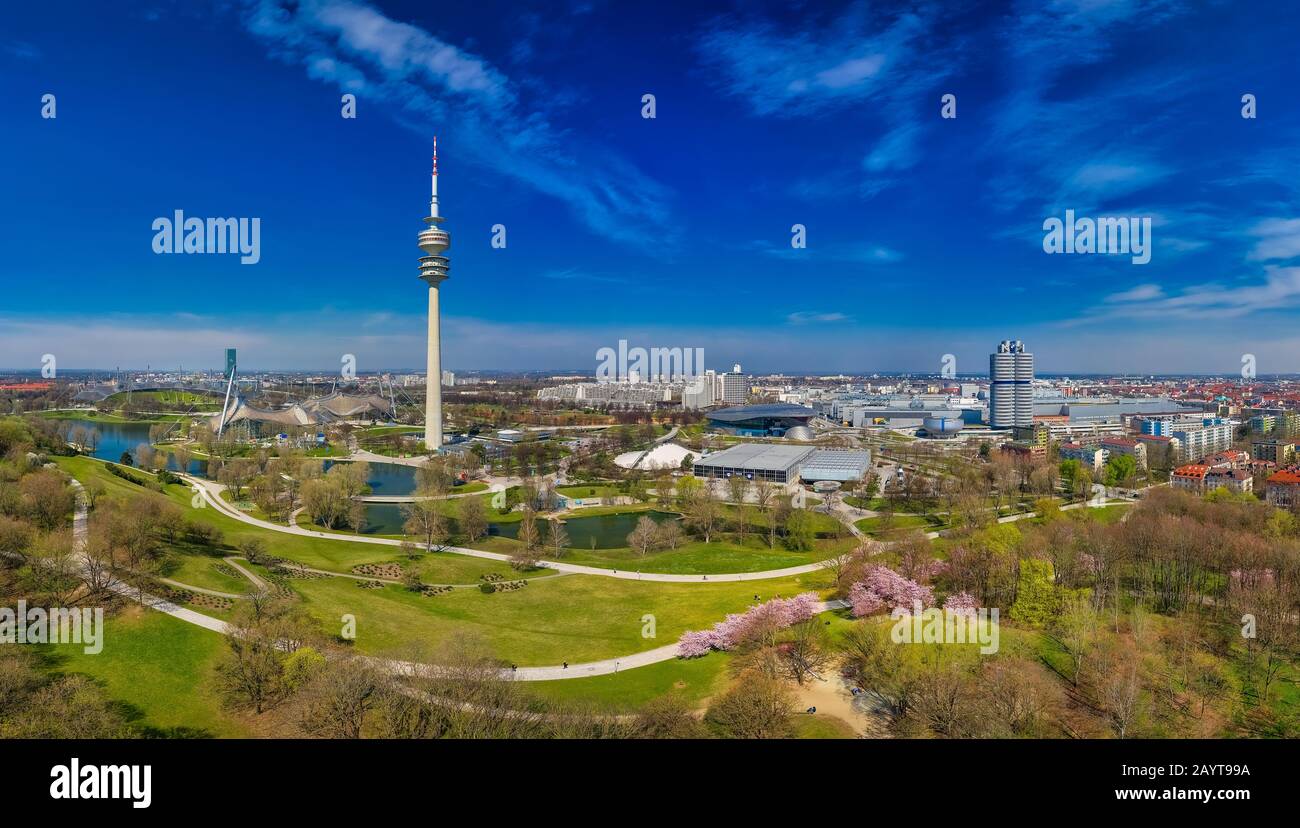 MUNICH, GERMANY - April 3th, 2019: The Olympiapark in panoramic full ...