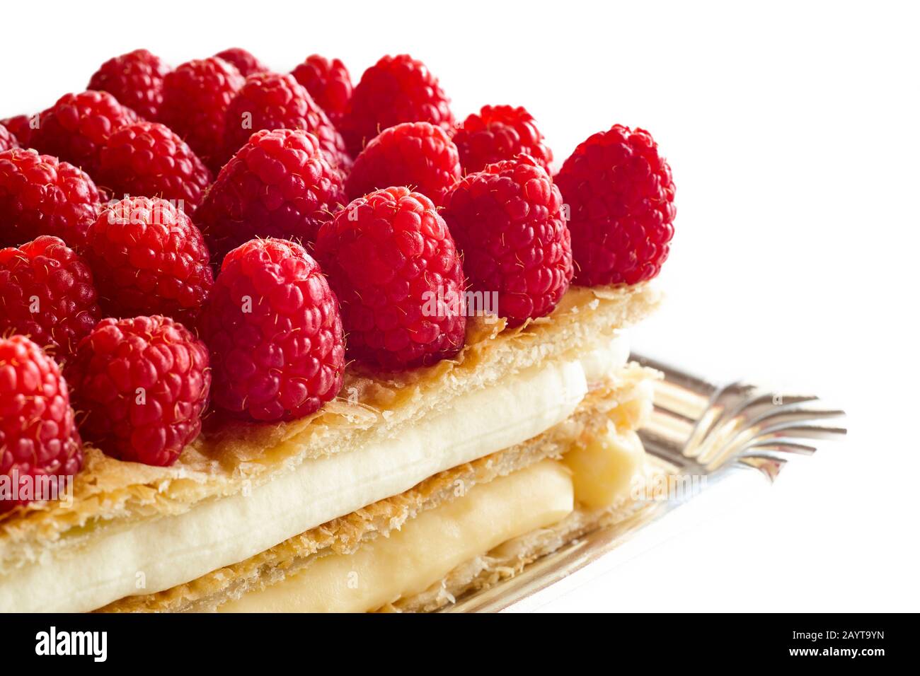 Delicious raspberry cake with puff pastry and cream. Homemade dessert ...