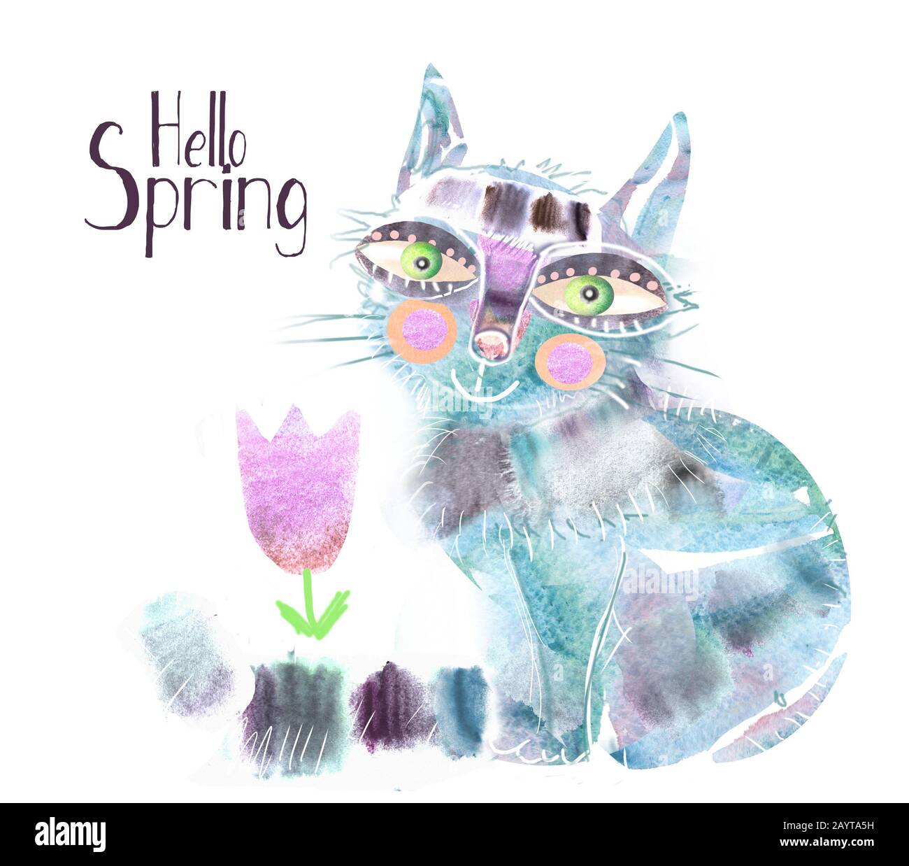 Watercolor spring cat. Illustration of cat and flower isolated on white ...