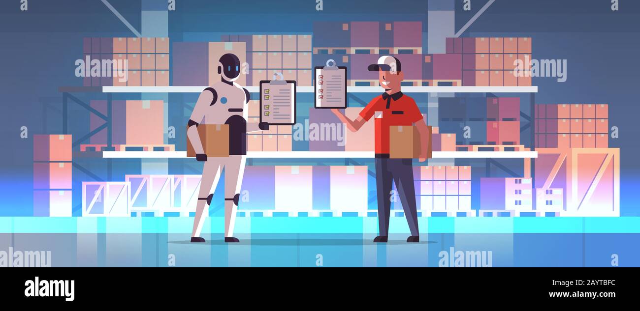 robotic postman with man courier holding parcel boxes robot vs human ...