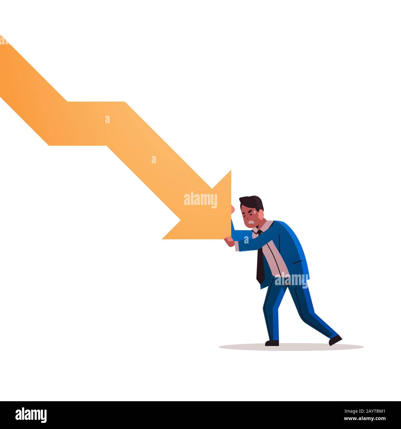 stressed businessman stopping economic arrow falling down financial ...