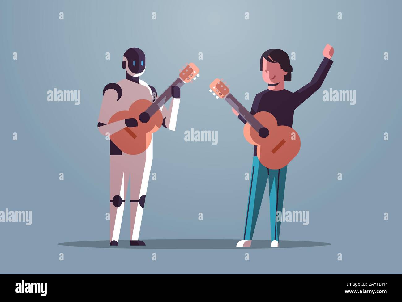 robotic musician with man guitarist playing acoustic guitar robot vs ...