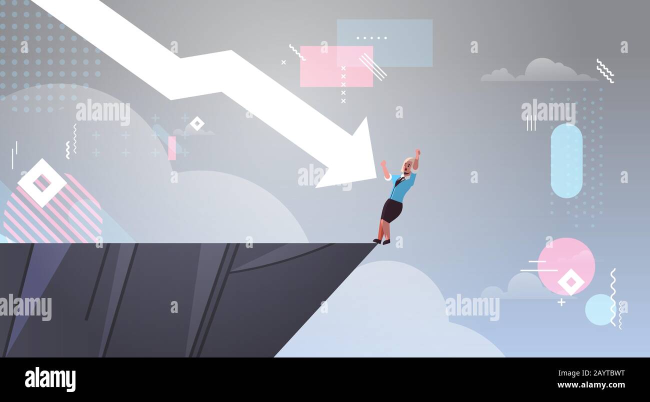 bankrupt businesswoman pushed in abyss by downward arrow financial ...