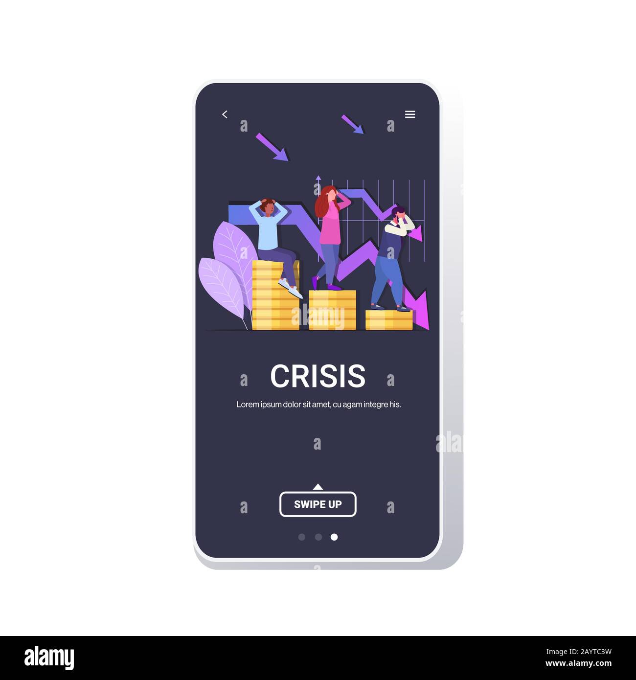 stressed businesspeople on coin piles frustrated about downward chart ...