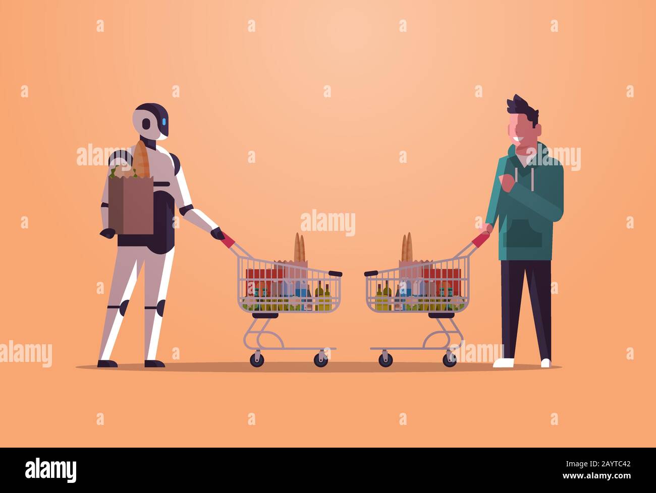 robot and human pushing trolley carts full of groceries robotic ...