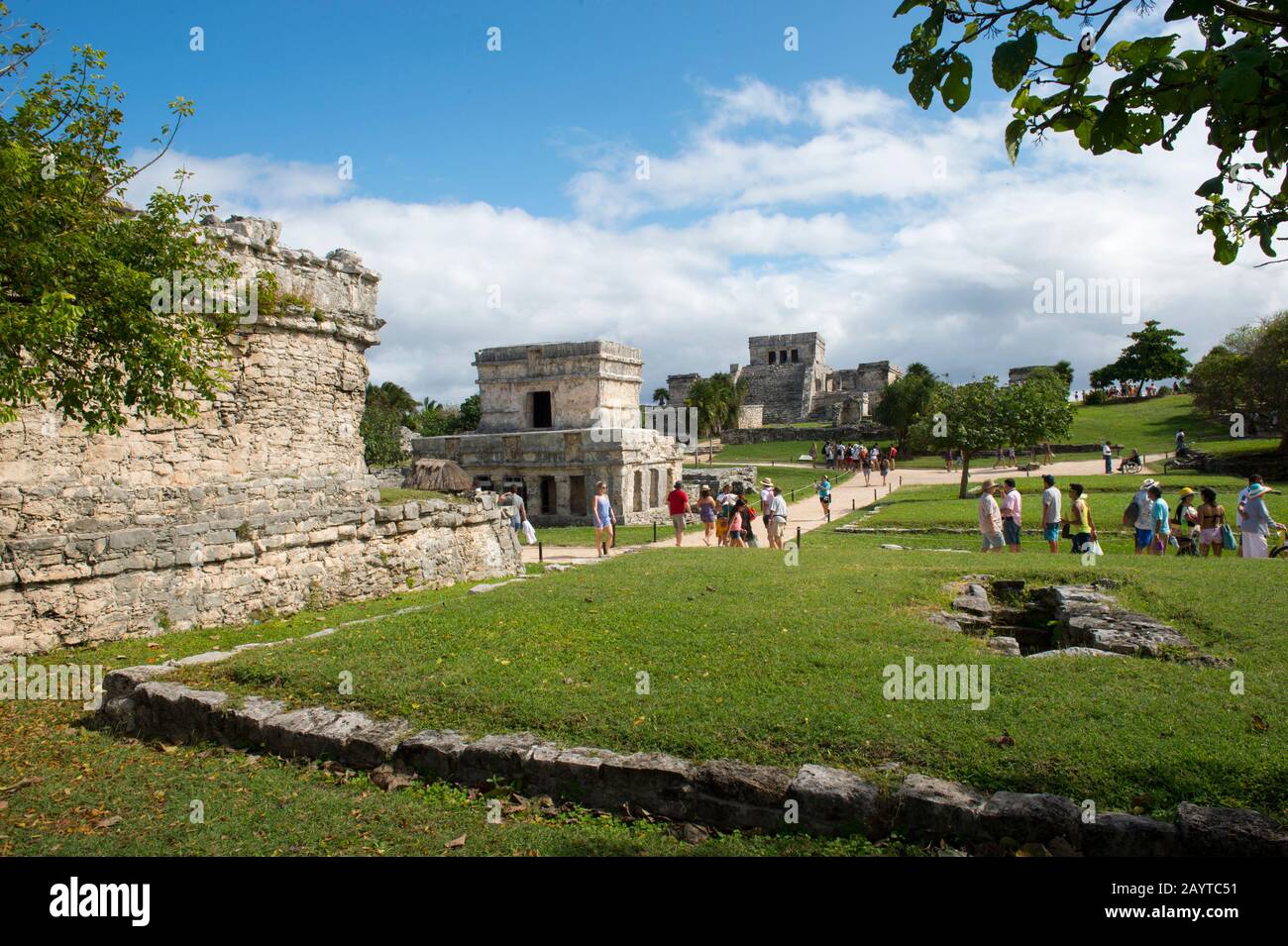 View of the Temple of the Frescos and El Castillo (castle) in Tulum ...
