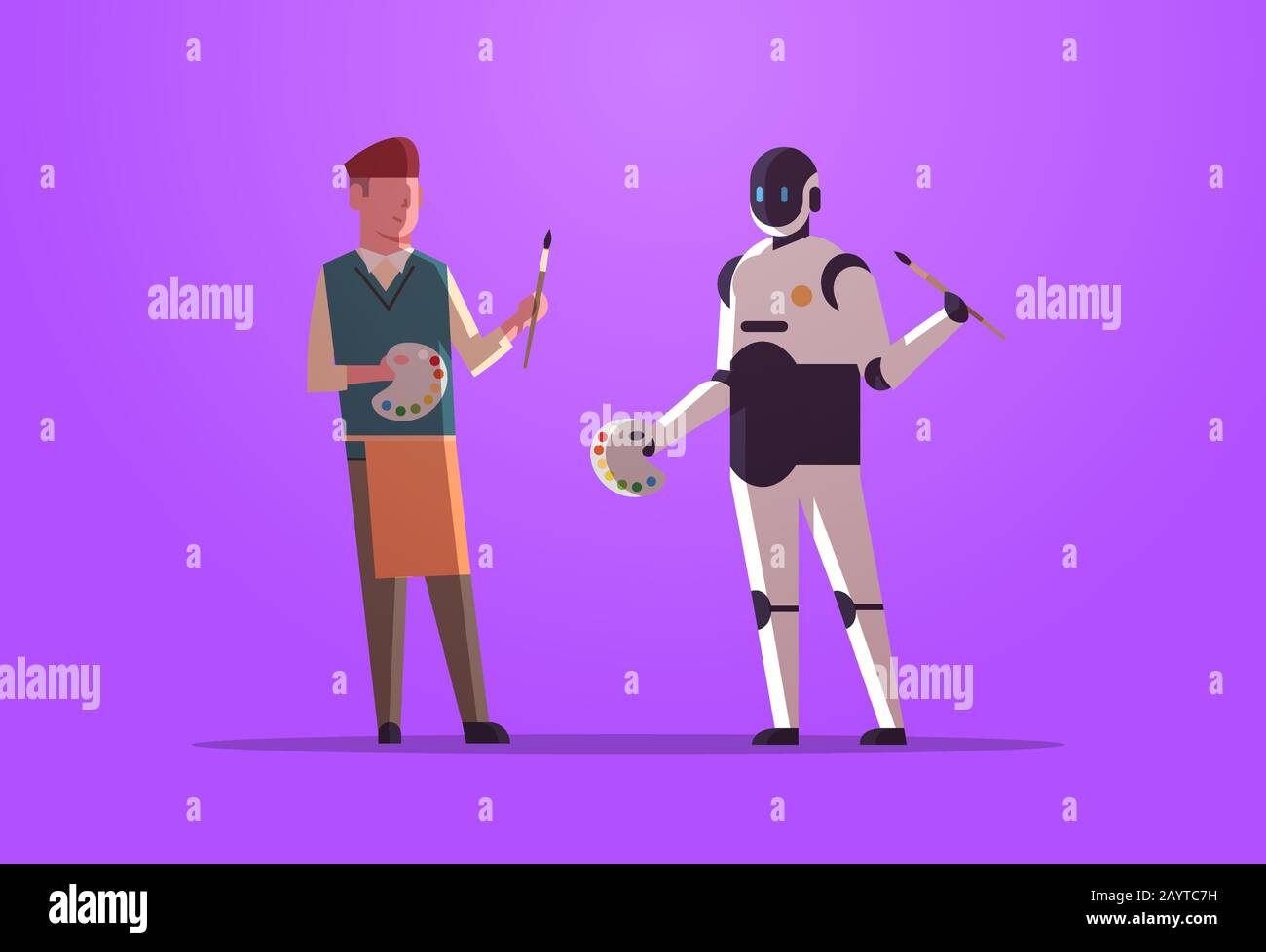 robot and human painters holding paintbrush and palette robotic ...
