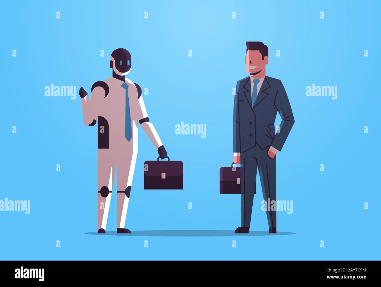 robot and human businessmen holding briefcases robotic character vs man ...